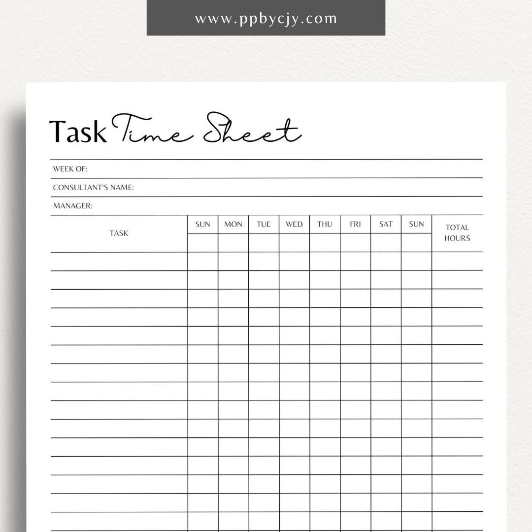 Task Time Tracker | Daily Productivity Work Time Management Sheet | Workday Hourly Time ...