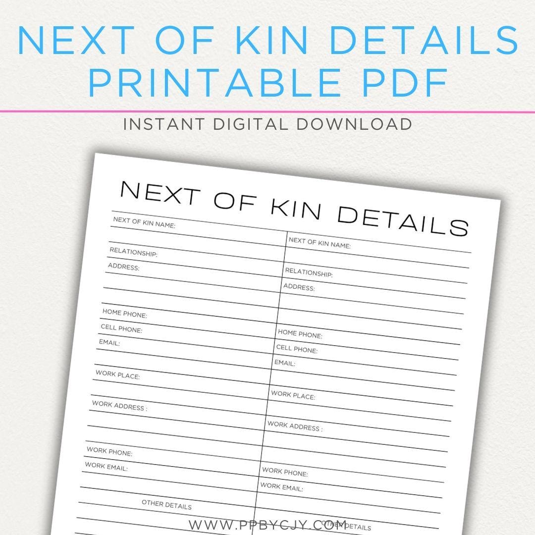Next of Kin Details | Emergency Contact Information Form | Family ...