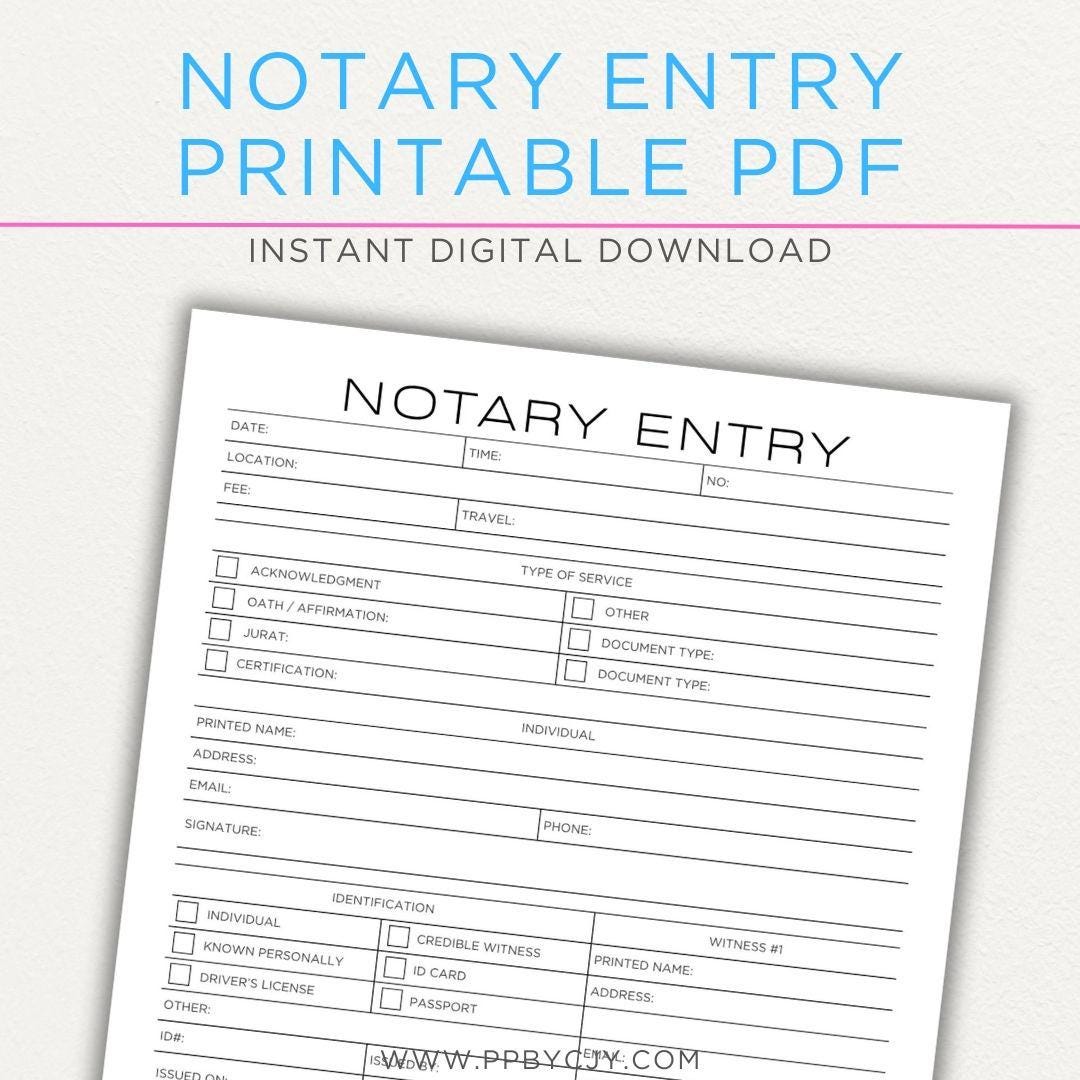 Notary Entry Page | Notary Record Template | Notarization Log Sheet ...