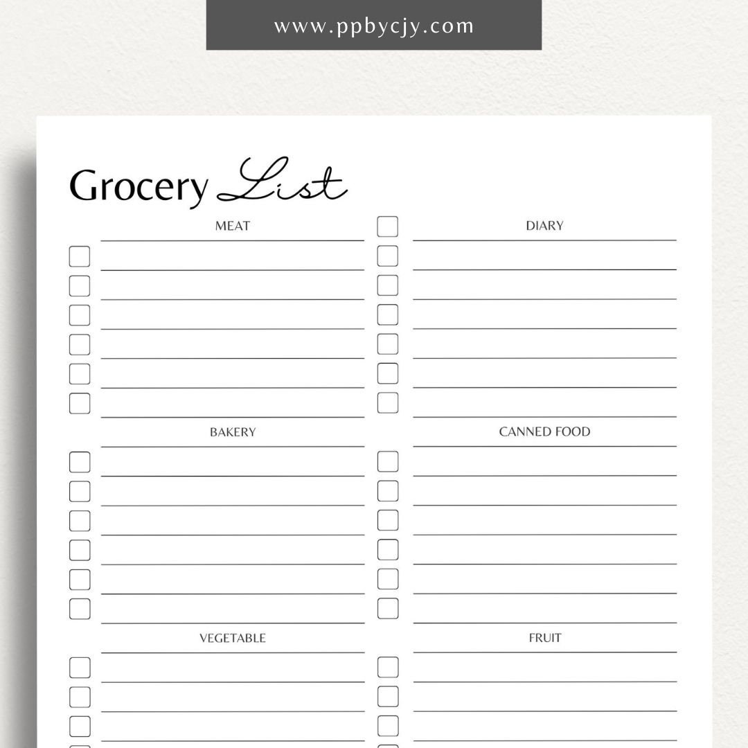 Sectioned Grocery Shopping List | Weekly Categorized Grocery Food ...