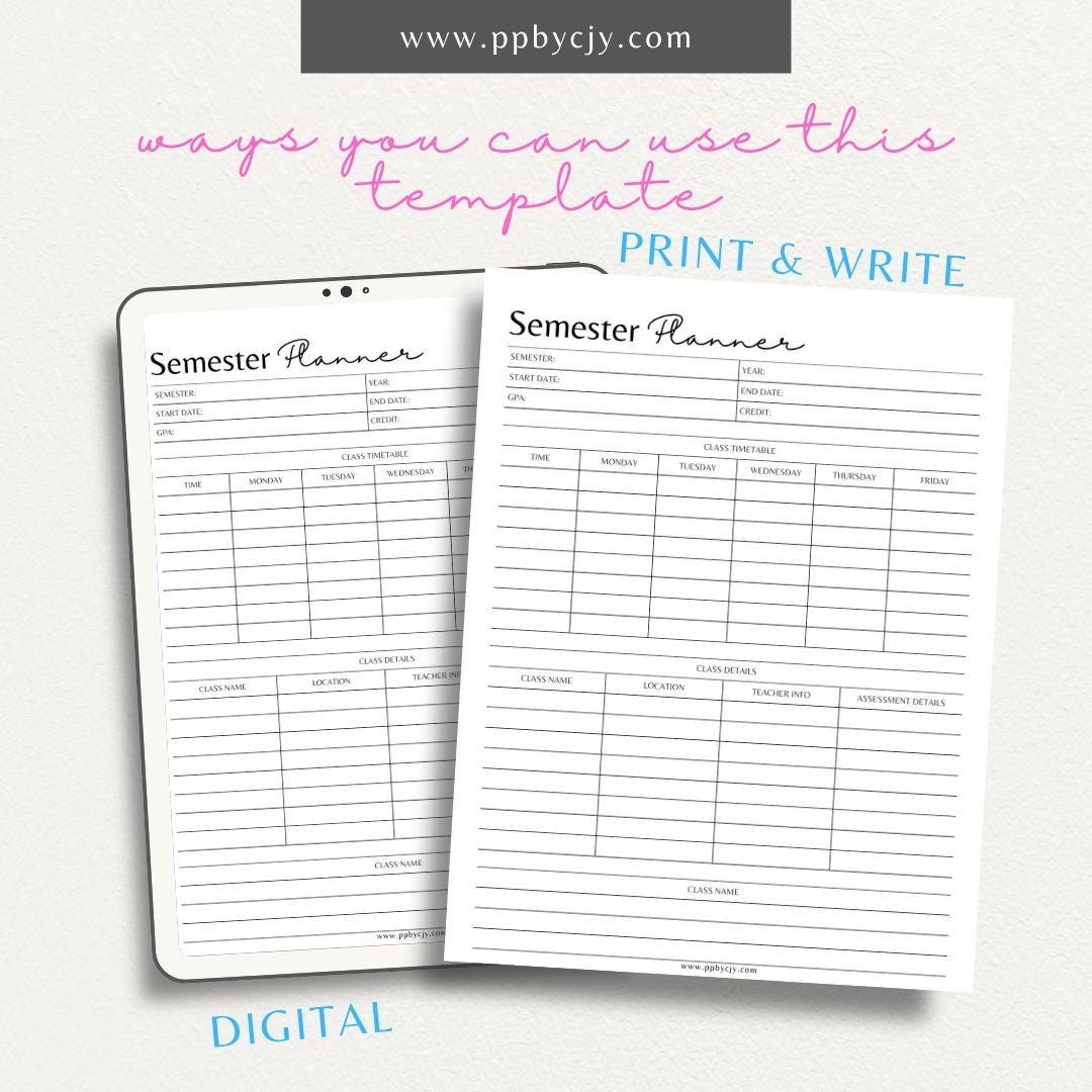 Semester Planner Printable Template | Digital Download | Academic ...