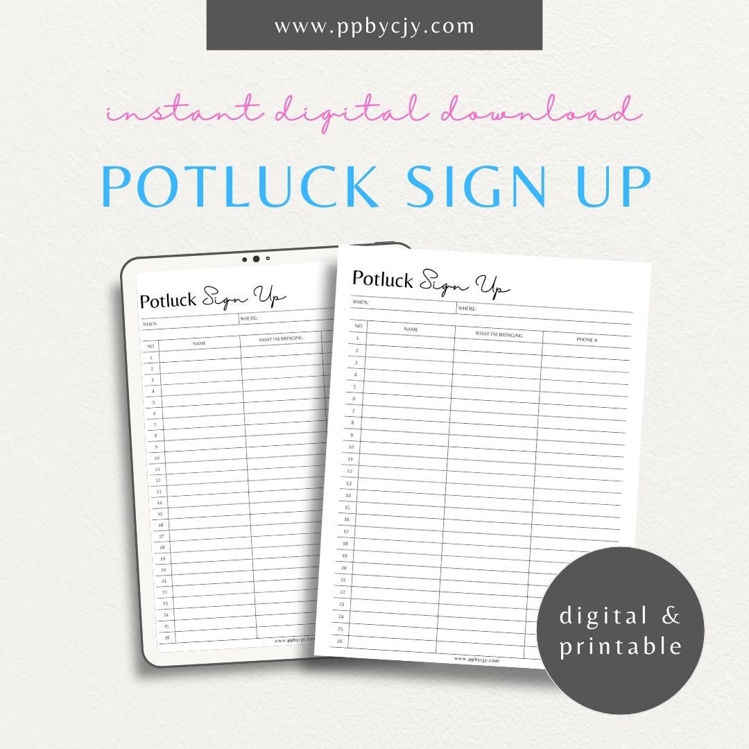 Potluck Volunteer Sign up Sheet | Community Event Food Dish Planner ...