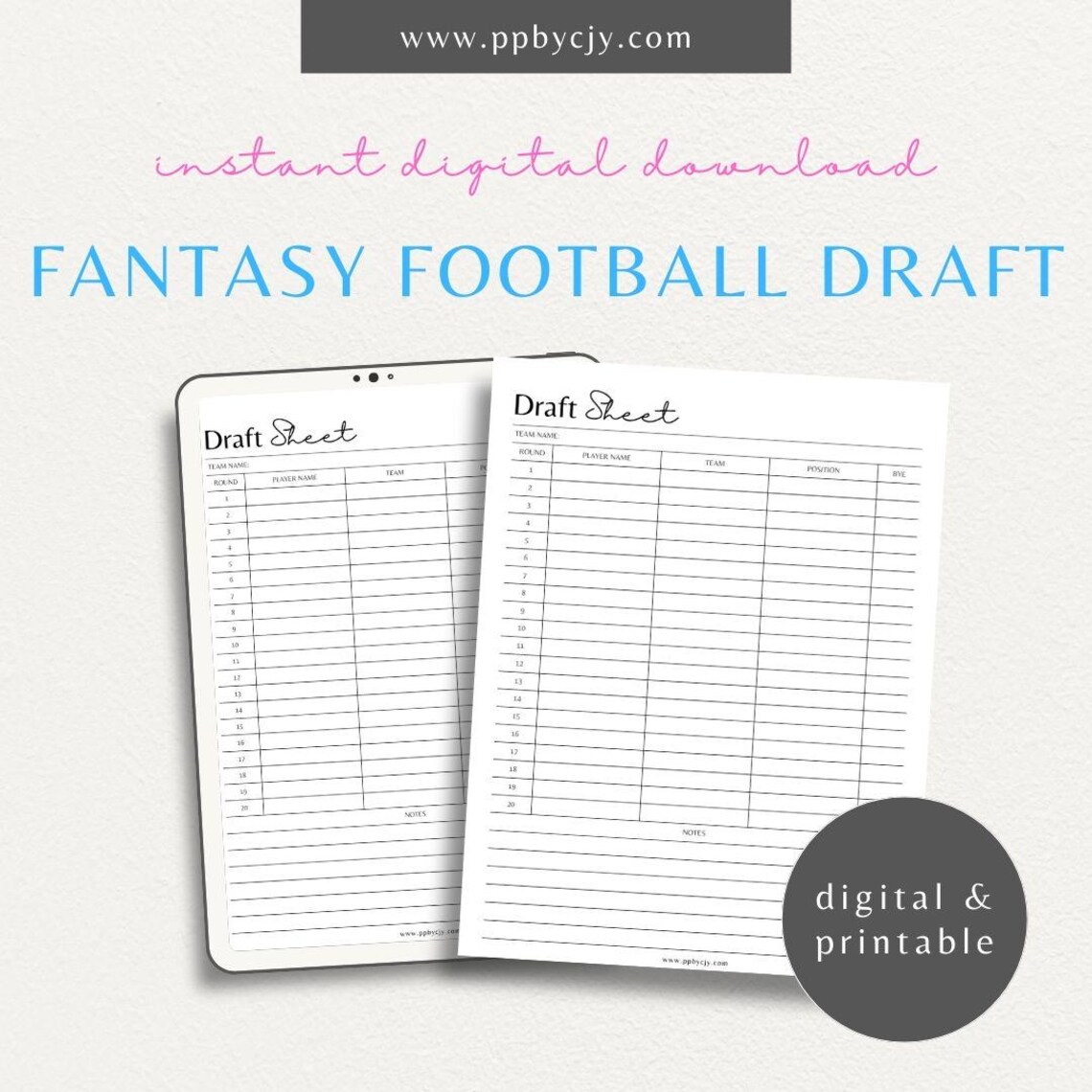 Fantasy Football Draft Sheet Printable Template | Digital Download | Draft Picks Organizer ...