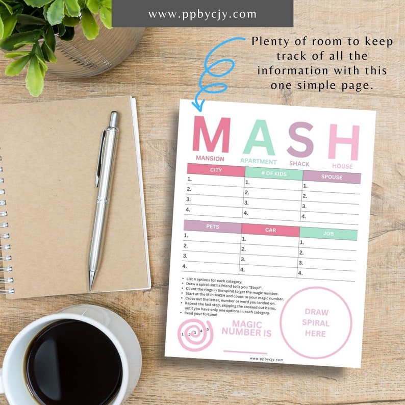 MASH Game Printable Template | Digital Download | Classic Paper Game ...
