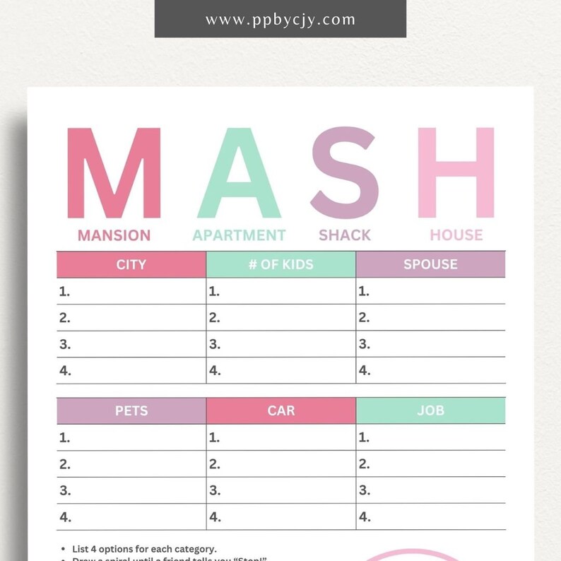 MASH Game Printable Template | Digital Download | Classic Paper Game ...
