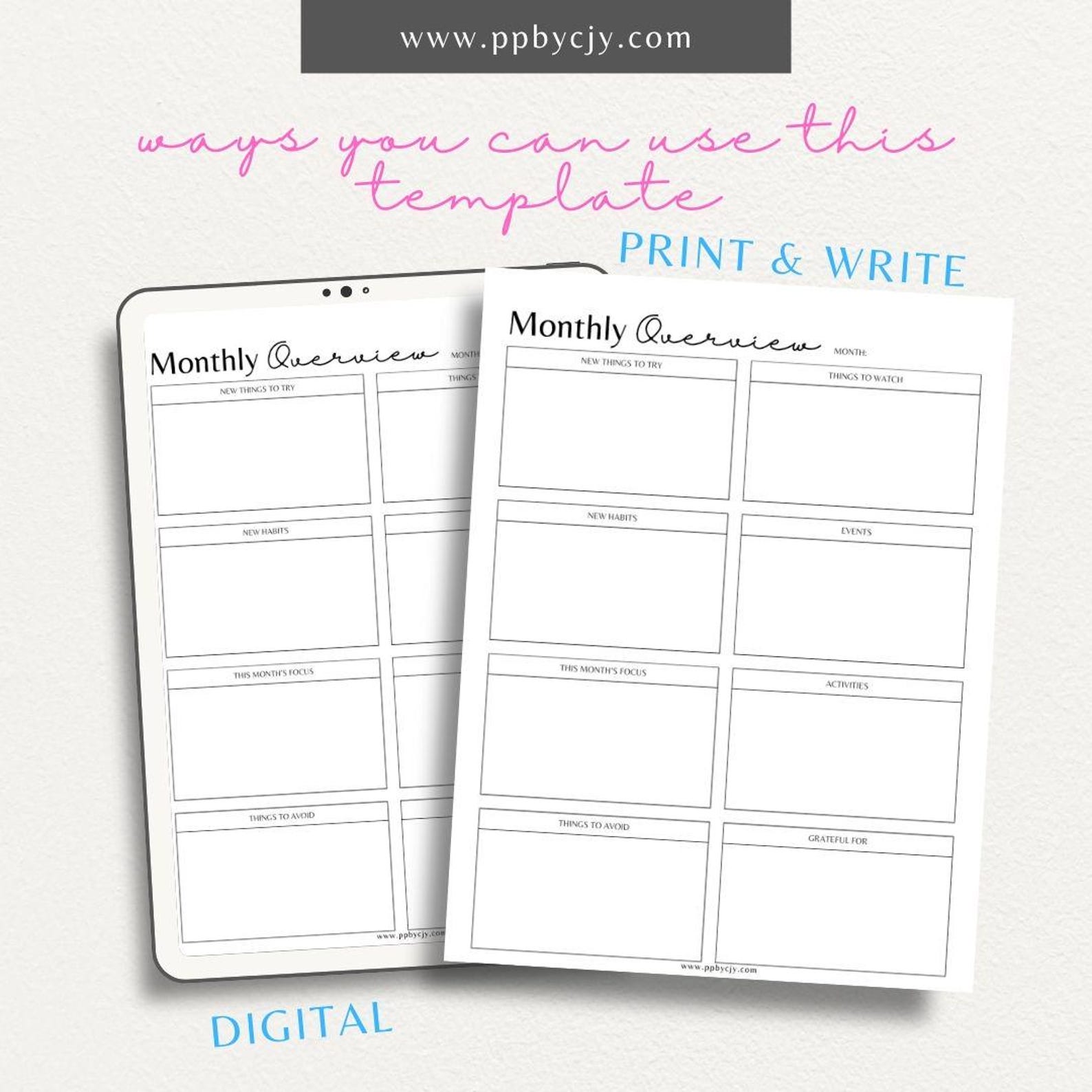 Monthly Overview Printable Template | Digital Download | Calendar ...