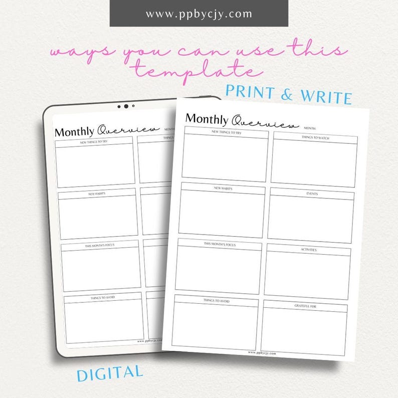 Monthly Overview Printable Template | Digital Download | Calendar ...