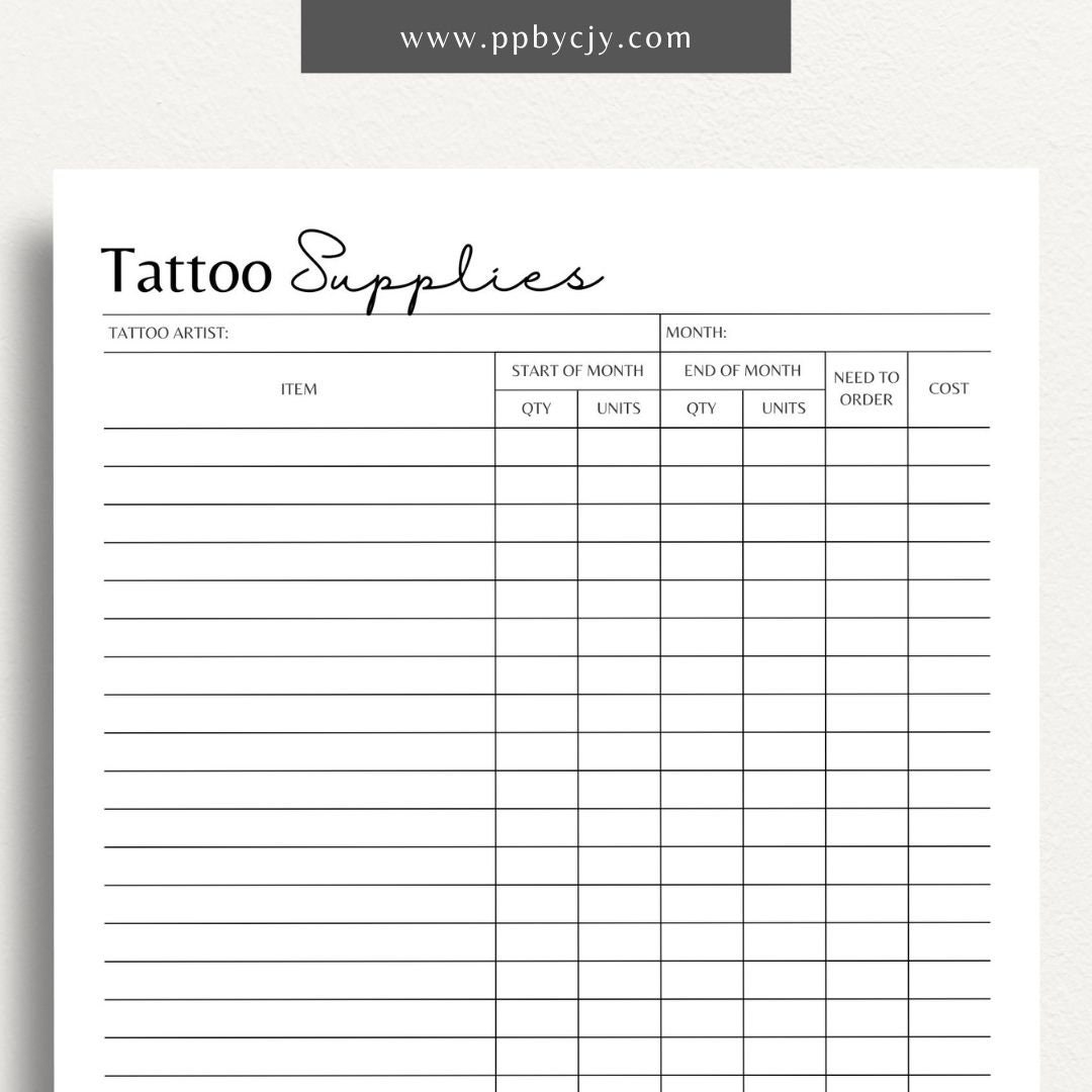 Tattoo Supply Inventory Tracker | Tattoo Studio Artist Resource Log ...