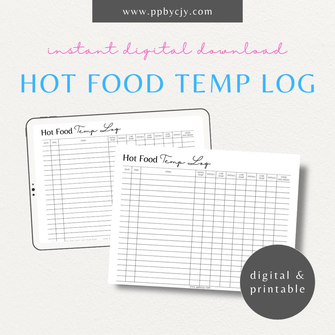 Hot Food Temp Log Printable Template | Instant Digital Download ...