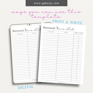 Borrowed Items List Printable | Loaned Item Management Tracker | Borrowed Belongings Checklist ...