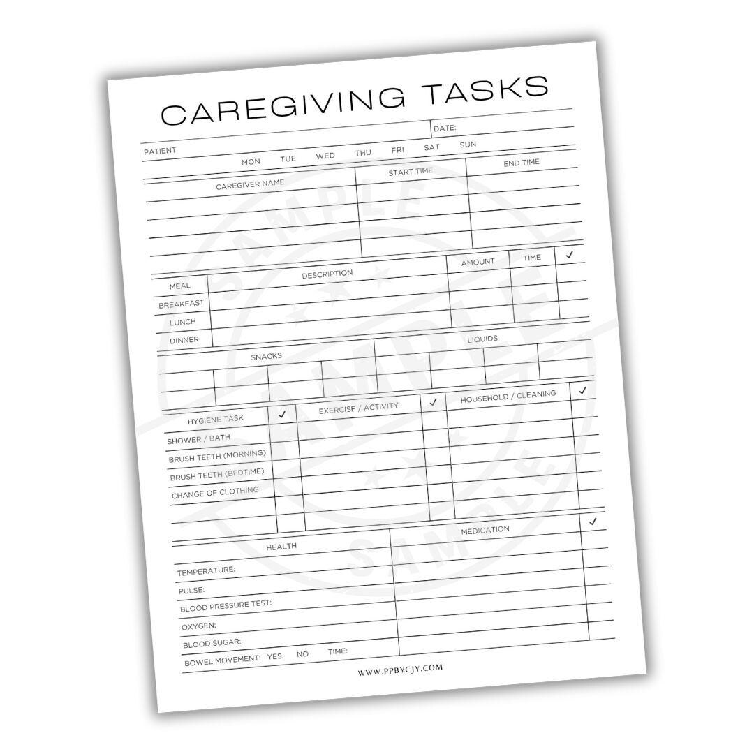 Caregiver Task & Vital Signs Form Printable PDF | Daily Care Log Sheet ...
