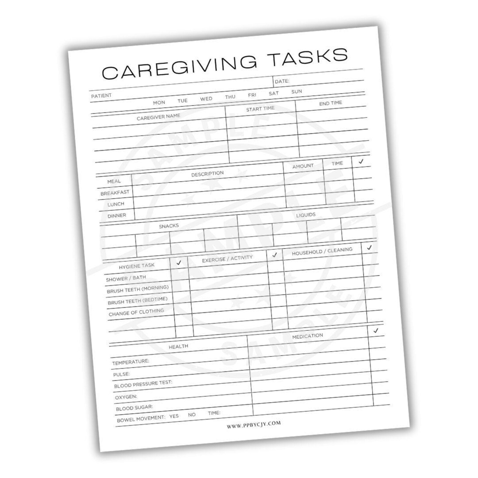 Caregiver Task & Vital Signs Form Printable PDF | Daily Care Log Sheet ...
