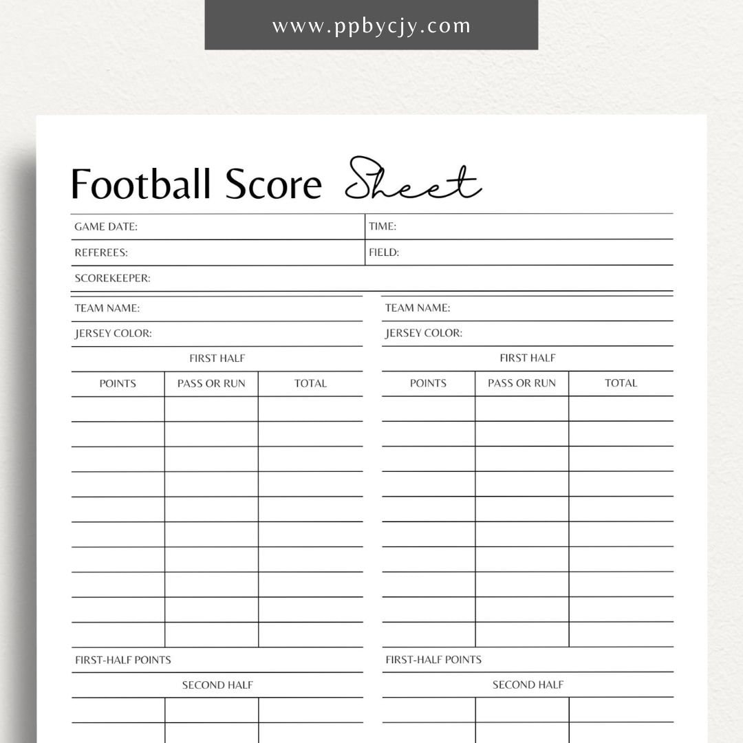 Football Score Card Printable Template Digital Download Game Score ...