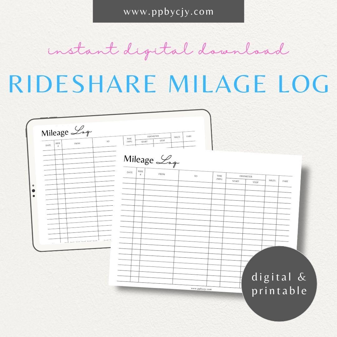 Rideshare Mileage Log Printable | Uber Driving Tracker | Lyft Digital ...