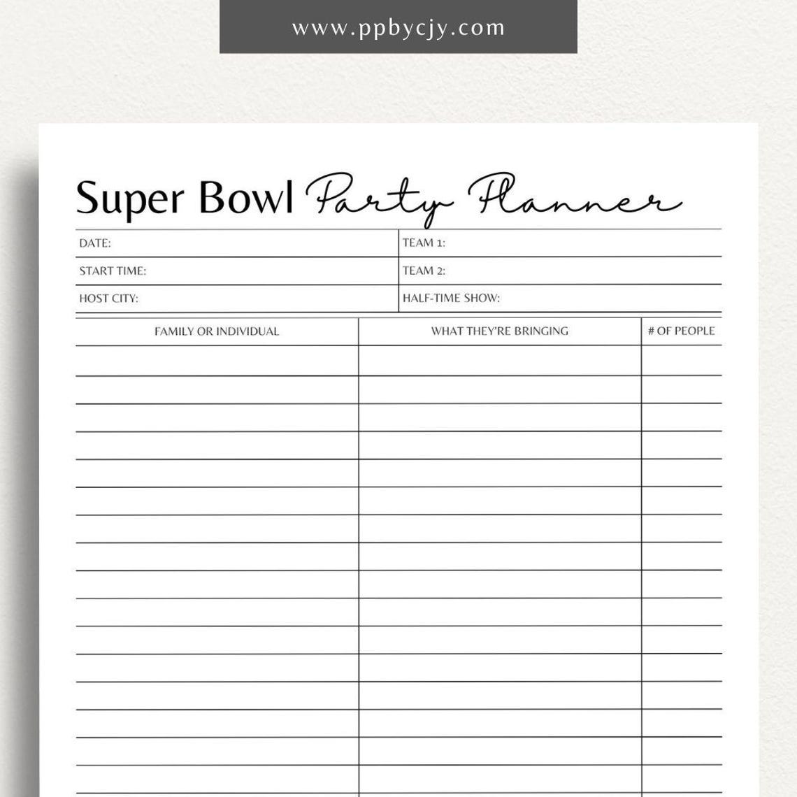Super Bowl Party Planner Printable Template | Instant Digital Download ...
