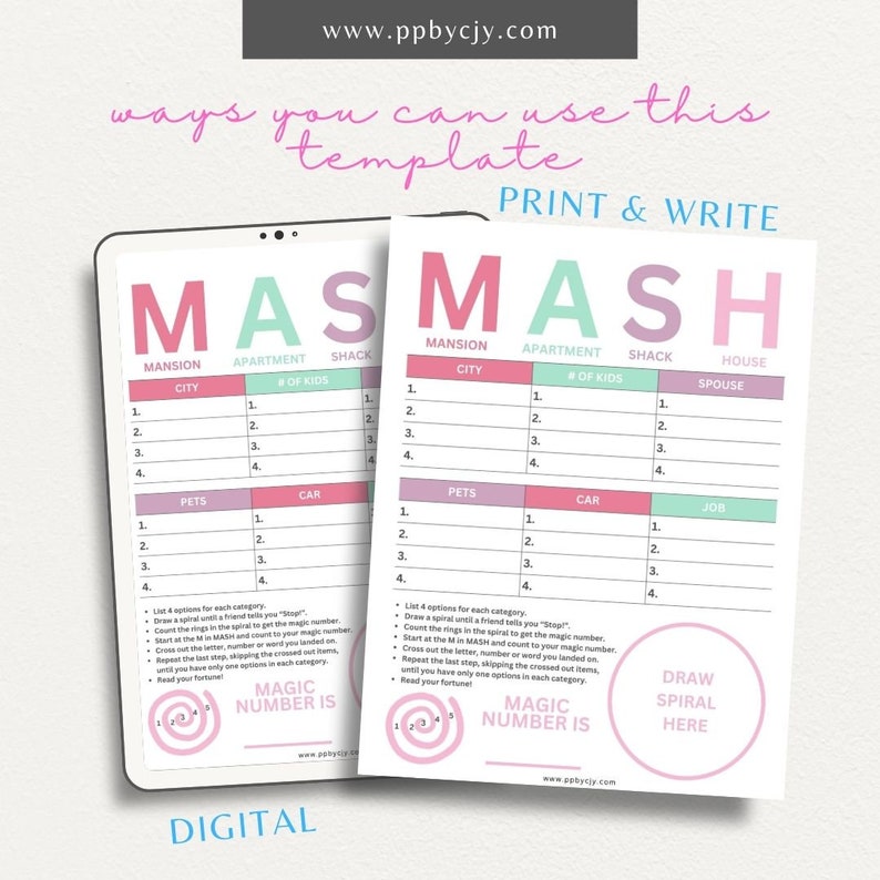MASH Game Printable Template Digital Download Classic Paper Game Fun ...