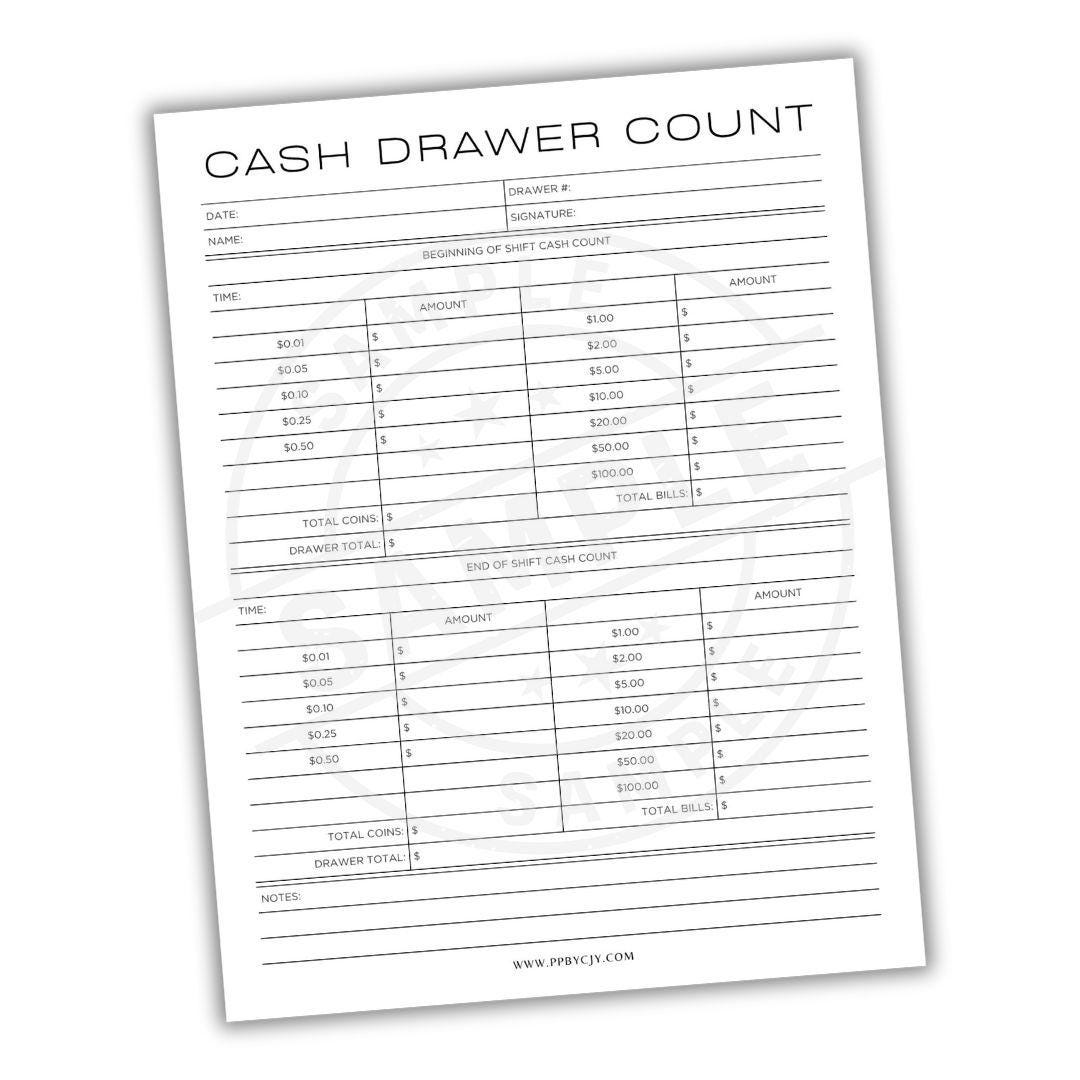 Cash Drawer Count Sheet Printable PDF | Cash Handling Log for Retail ...
