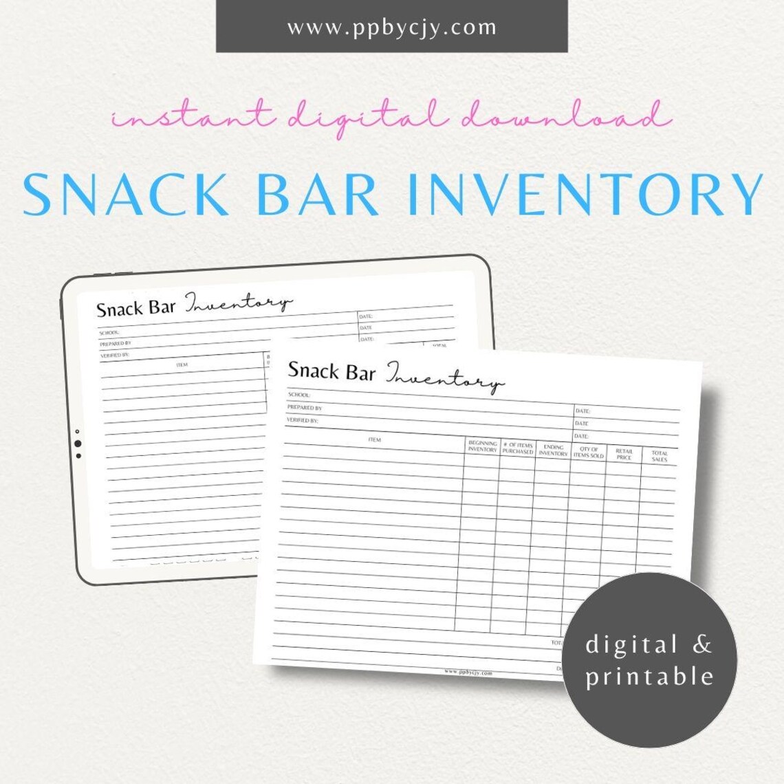 Snack Bar Inventory Printable Template | Instant Digital Download ...