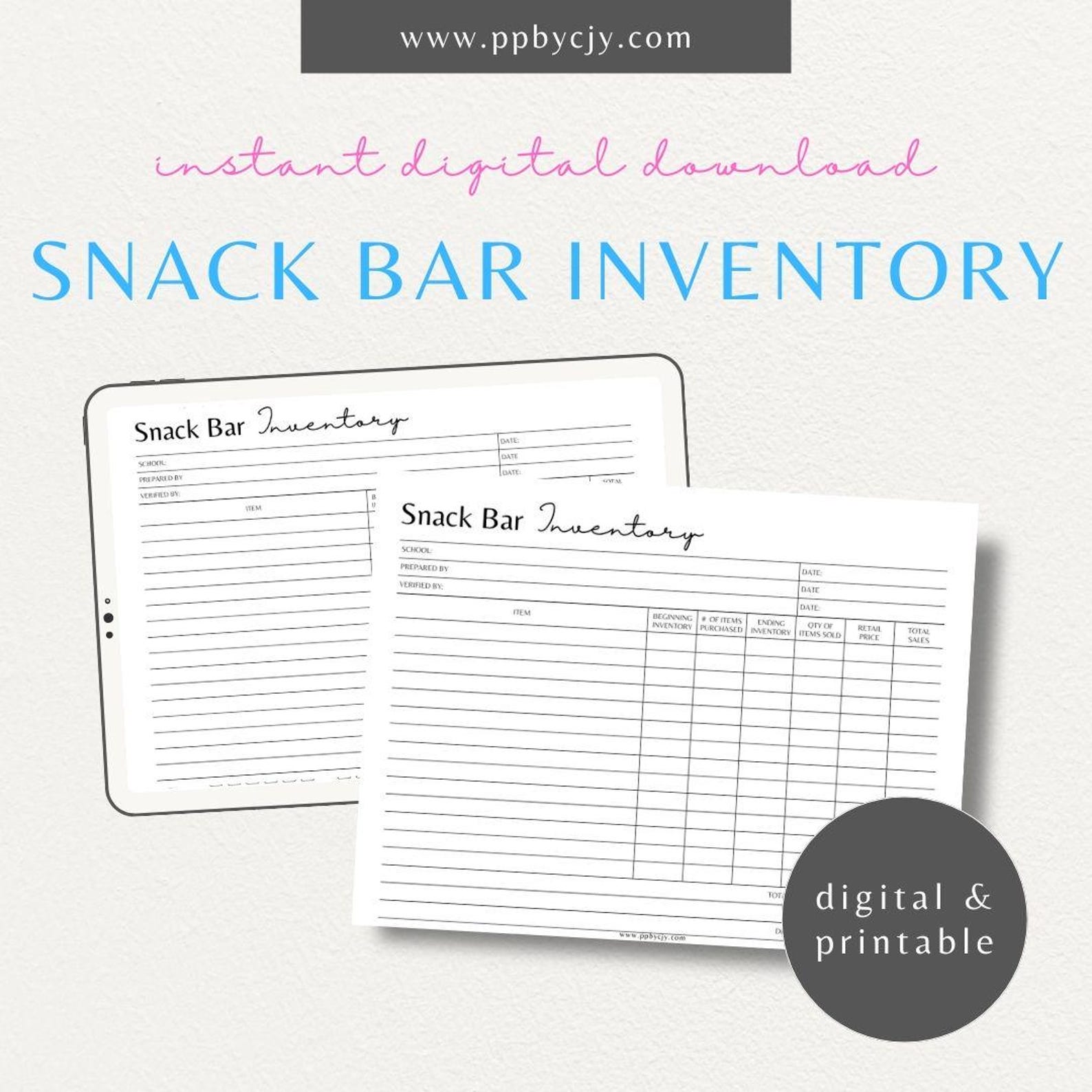Snack Bar Inventory Printable Template | Instant Digital Download ...