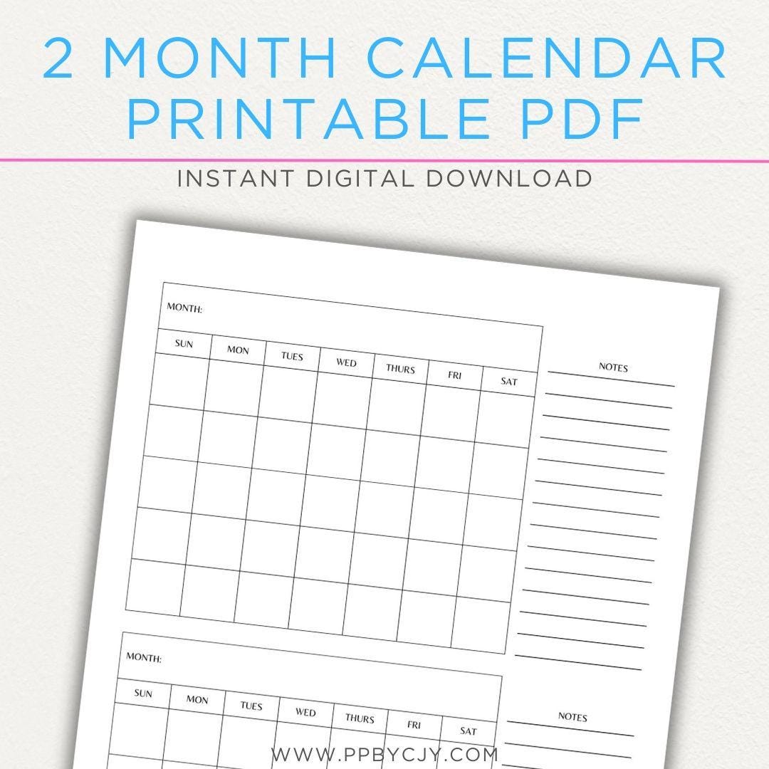 2-month Blank Calendar Printable | Undated Monthly Planner With Notes ...
