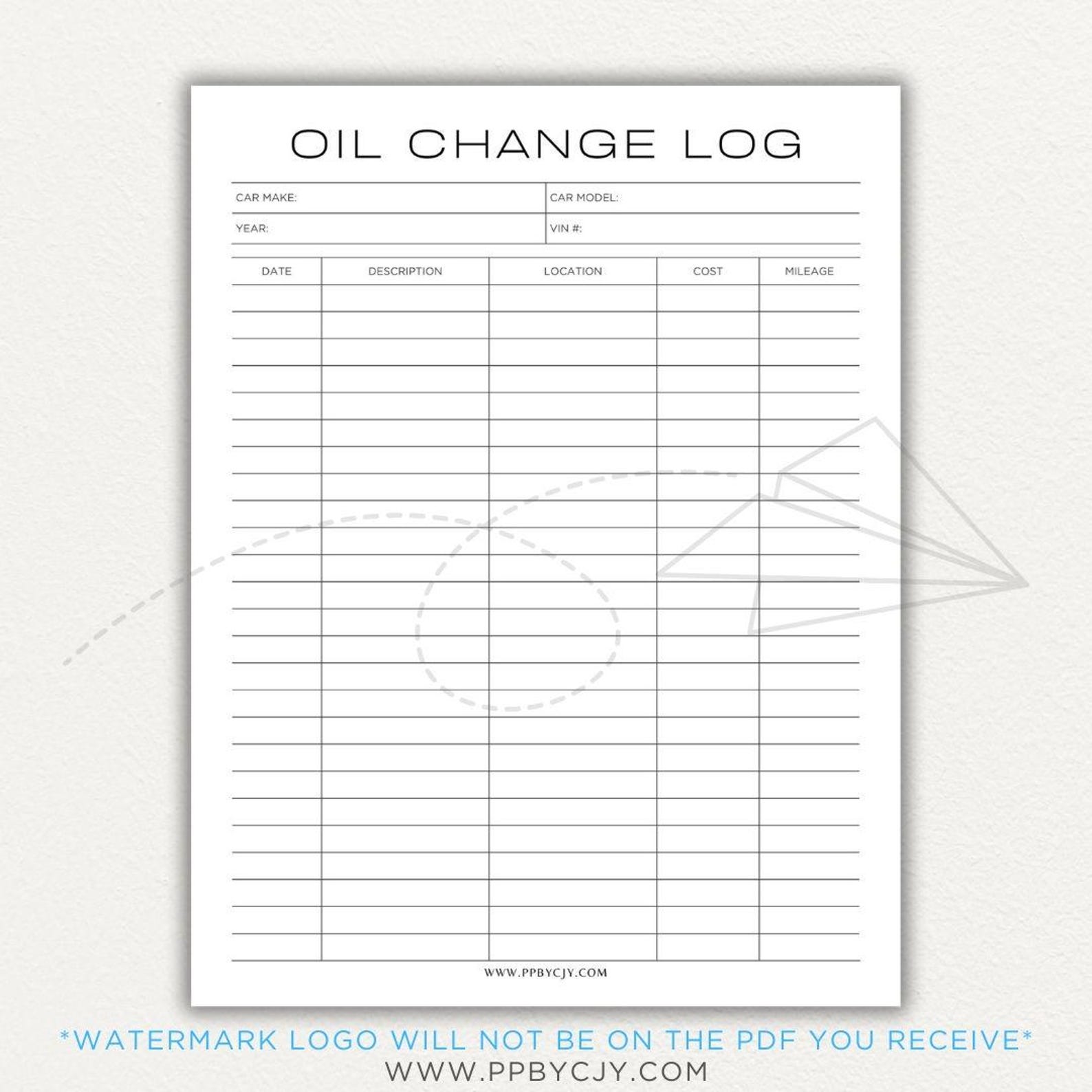Vehicle Oil Change Log Printable | Car Maintenance Tracker | Auto Service Record | Digital ...
