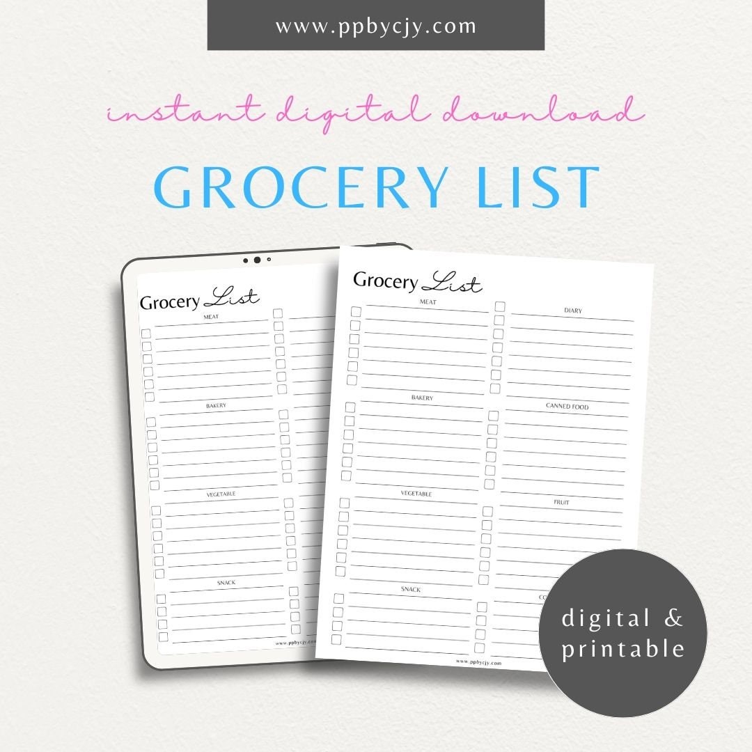 Sectioned Grocery Shopping List | Weekly Categorized Grocery Food ...