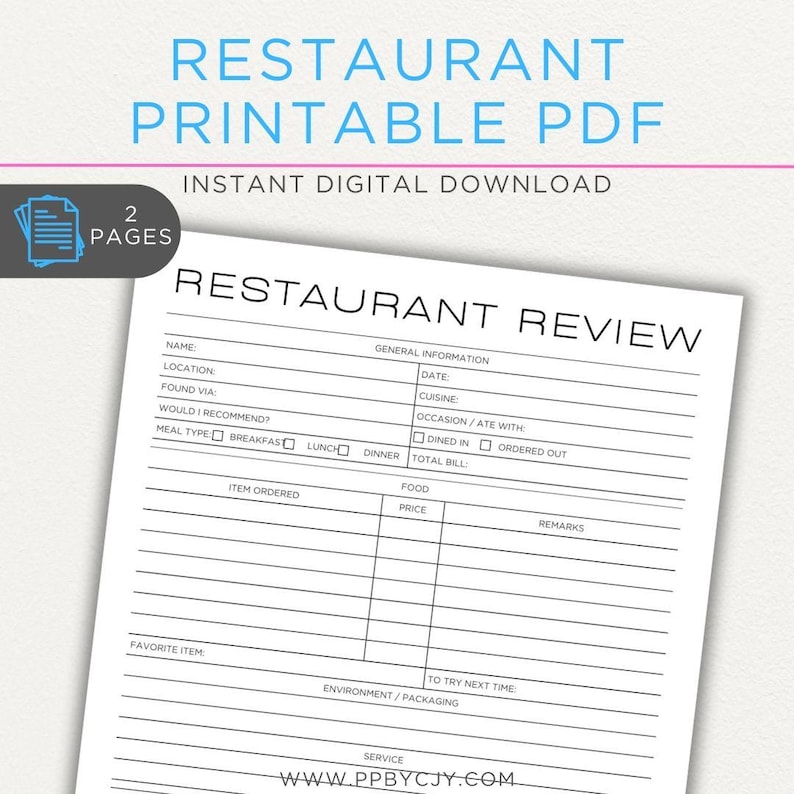 Restaurant Review Printable Template | Digital Download Dining ...