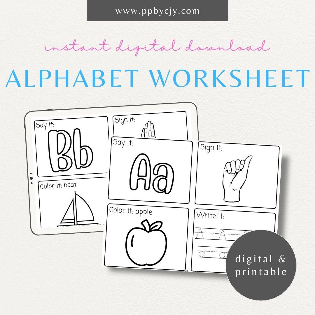 Alphabet Worksheet Printable Template Say It, Sign It, Color It, Write ...