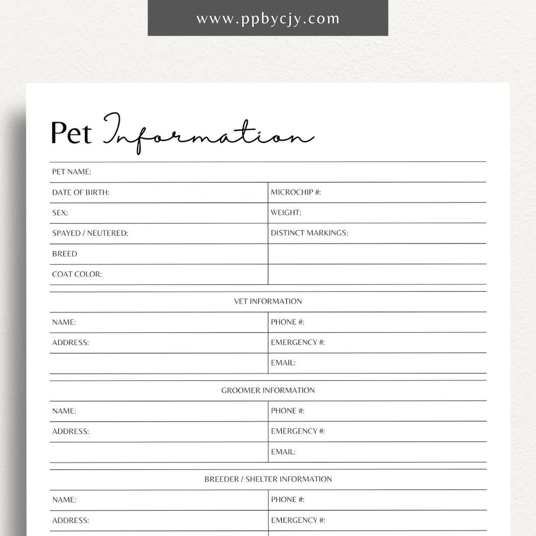 Pet Profile Information Template | Animal Veterinary ID Reference Log ...