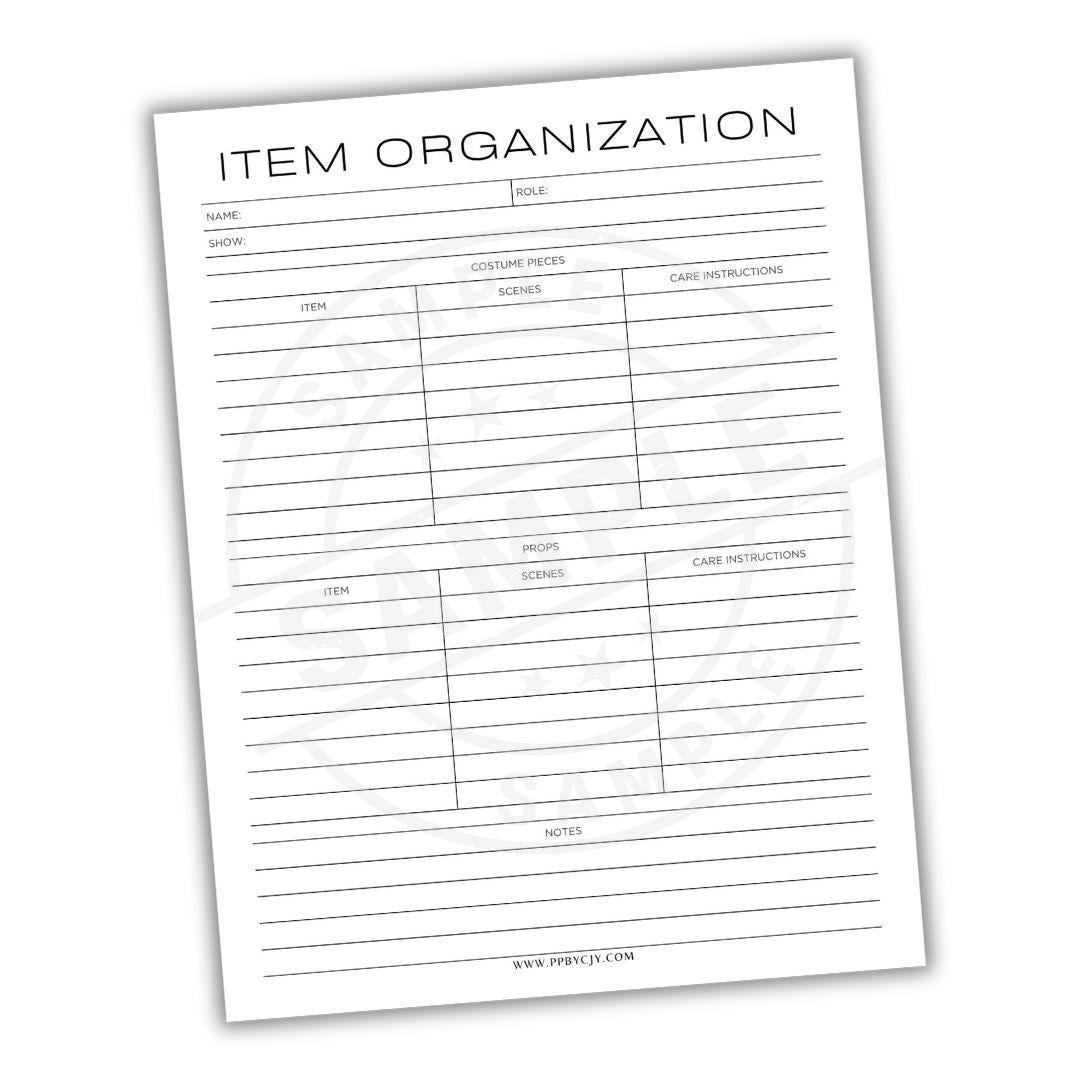 Theater Item Organization List Printable PDF | Props & Costume ...