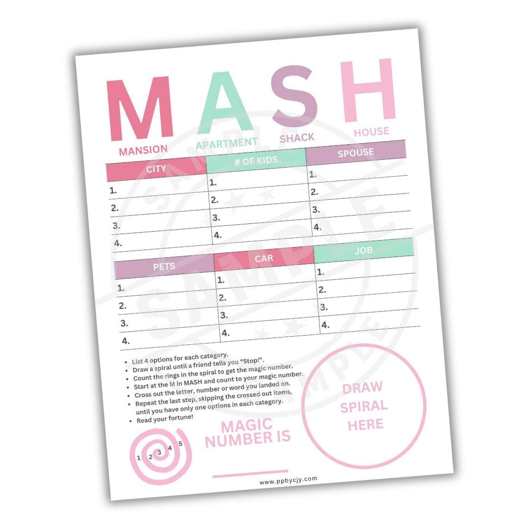 MASH Game Printable Template | Digital Download | Classic Paper Game ...