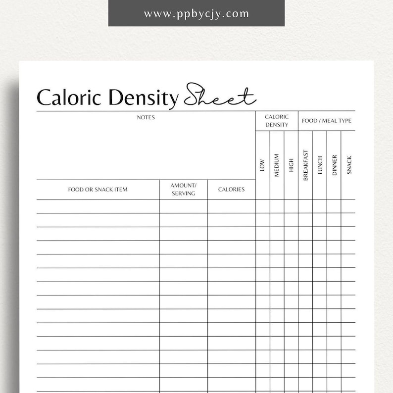 Caloric Density Sheet Printable Template Nutrition Tracker Diet ...