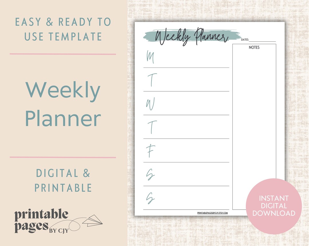 Undated Weekly Schedule Planner Printable Template Green Week at A ...