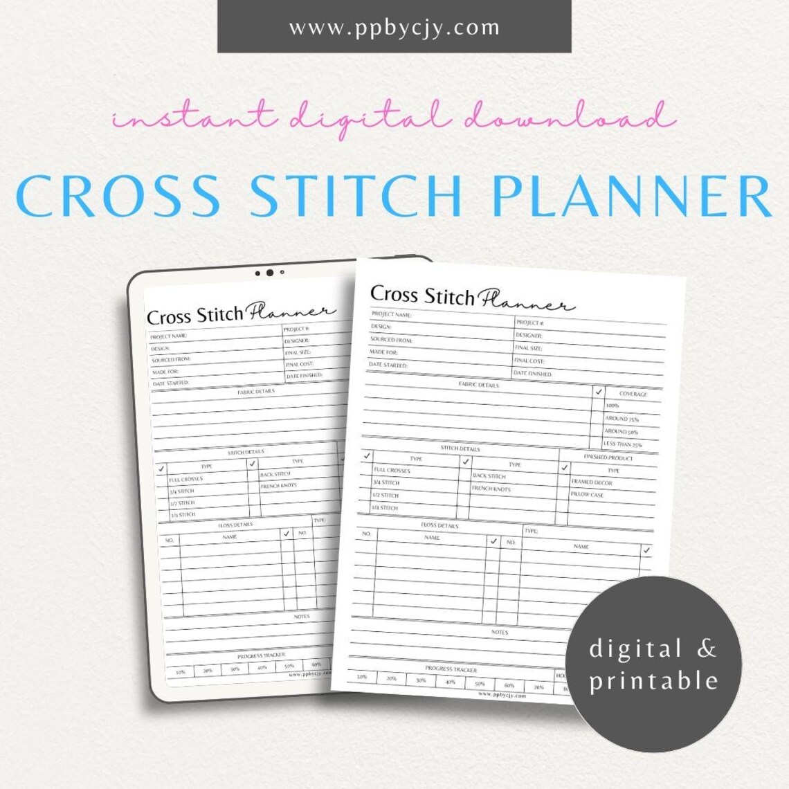 Cross Stitch Planner Printable Template Digital Download Craft Project Organizer Stitching ...