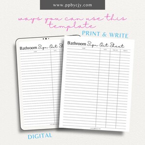Bathroom Sign-out Sheet Printable Template | Digital Download ...