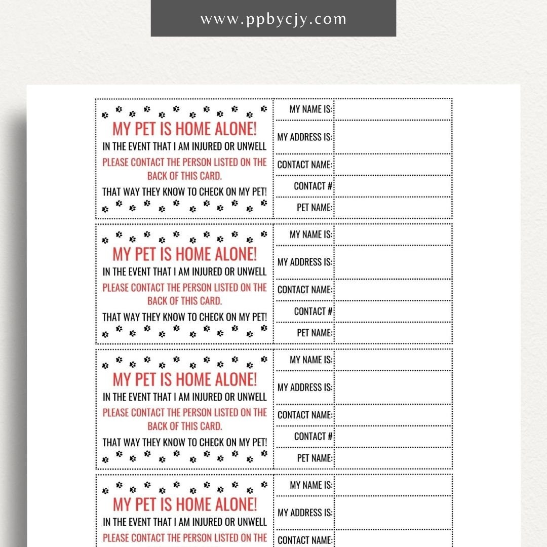 Pet Emergency Card Pet Home Alone Card Dog Home Alone Wallet Card Cat ...