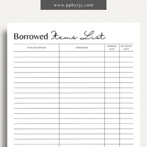 Borrowed Items List Printable | Loaned Item Management Tracker ...
