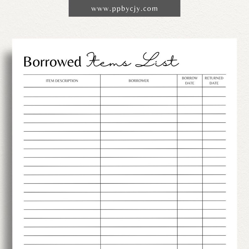 Borrowed Items List Printable | Loaned Item Management Tracker | Borrowed Belongings Checklist ...