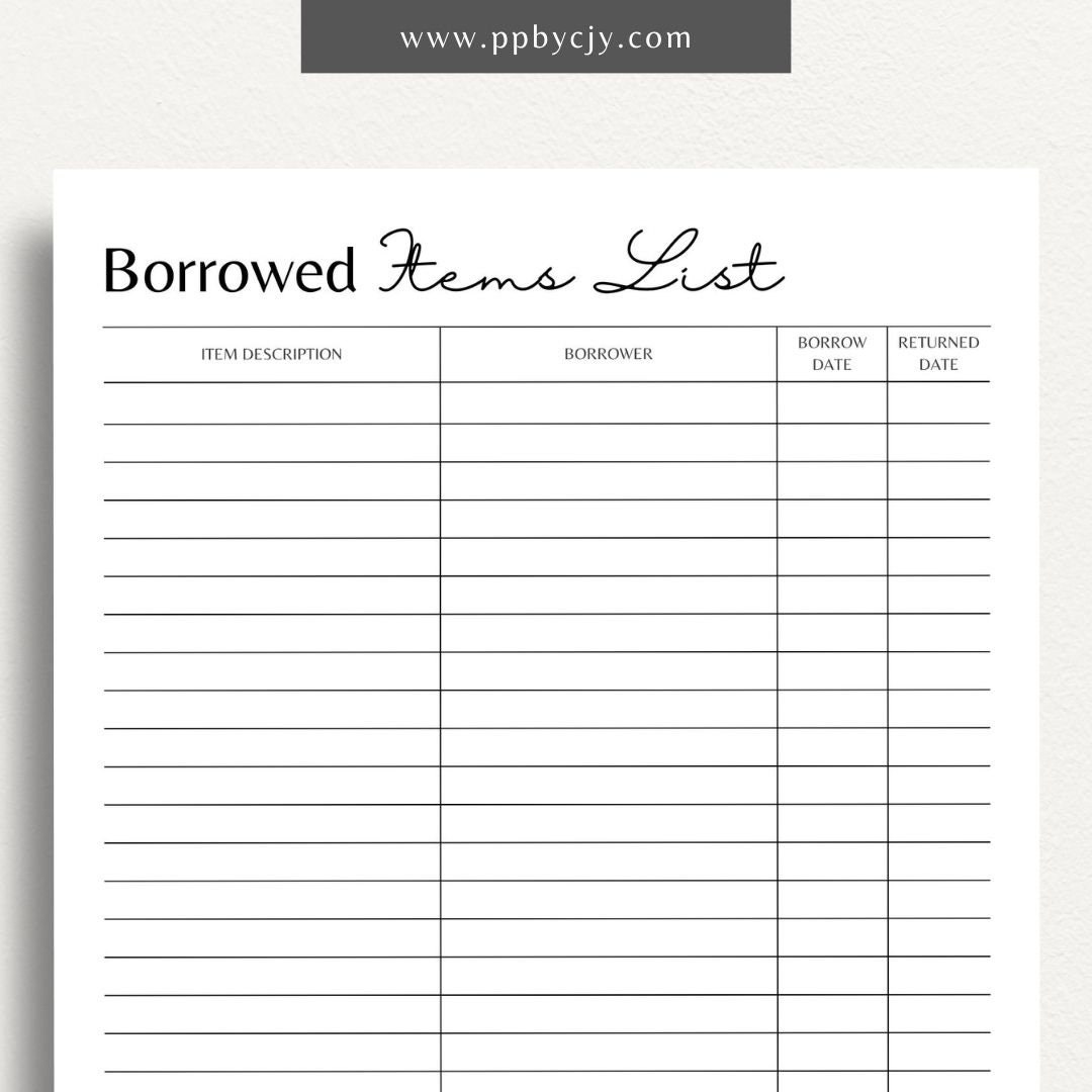 Borrowed Items List Printable | Loaned Item Management Tracker ...