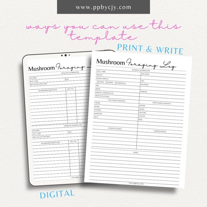 Mushroom Foraging Log Printable Template Digital Download Fungi ...