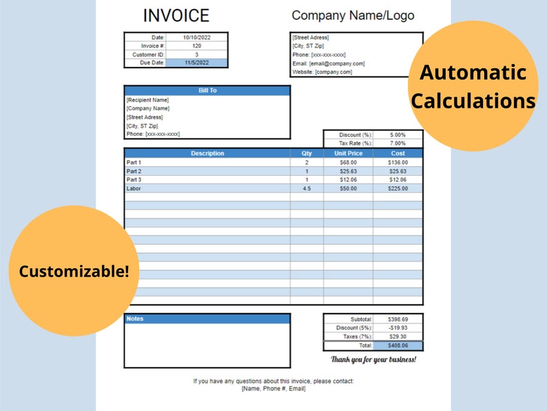 Editable and Printable Business Invoice Spreadsheet Template | Google ...