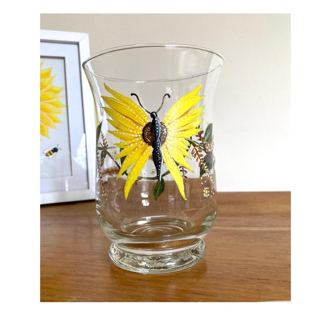 Sunflower Hurricane Vase Candle Holder, Handpainted Gift, Birthday ...