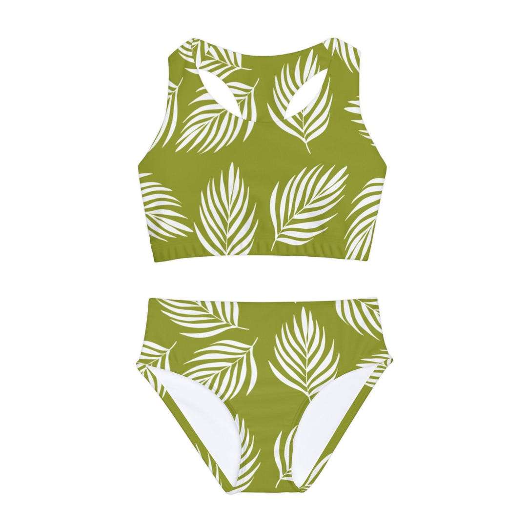 Green Leaves Print Swimsuit Set, Floral Pattern Two Piece Bathing Suit ...