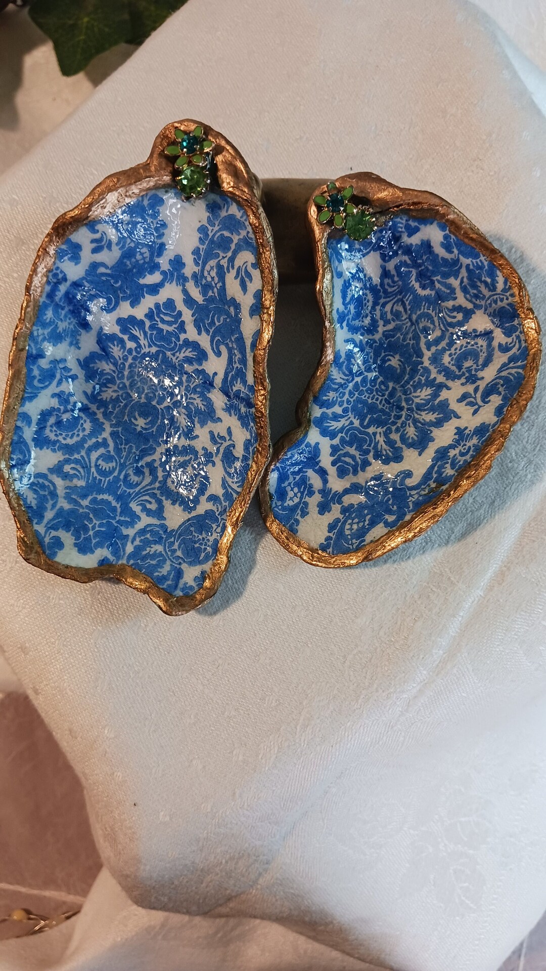 Set of 2 Decoupage Shells With Victorian Blue Print and Cloisonne Jewls ...