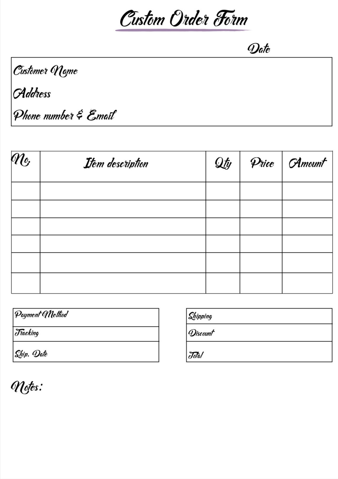 Order Form Printable, Custom Order Instant Download, Small Business ...