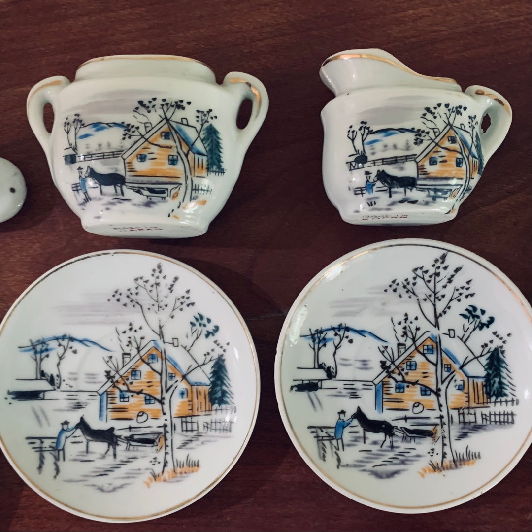 Unique-rustic-child’s Collectible Tea Set-farm Scene-log Cabin-horse ...