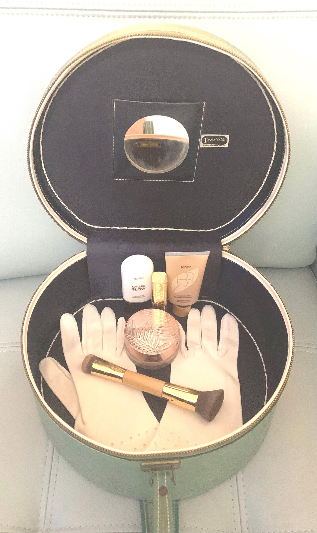 Vintage Suitcase-travins Brand-green Hat Box-make-up Case-green Round ...