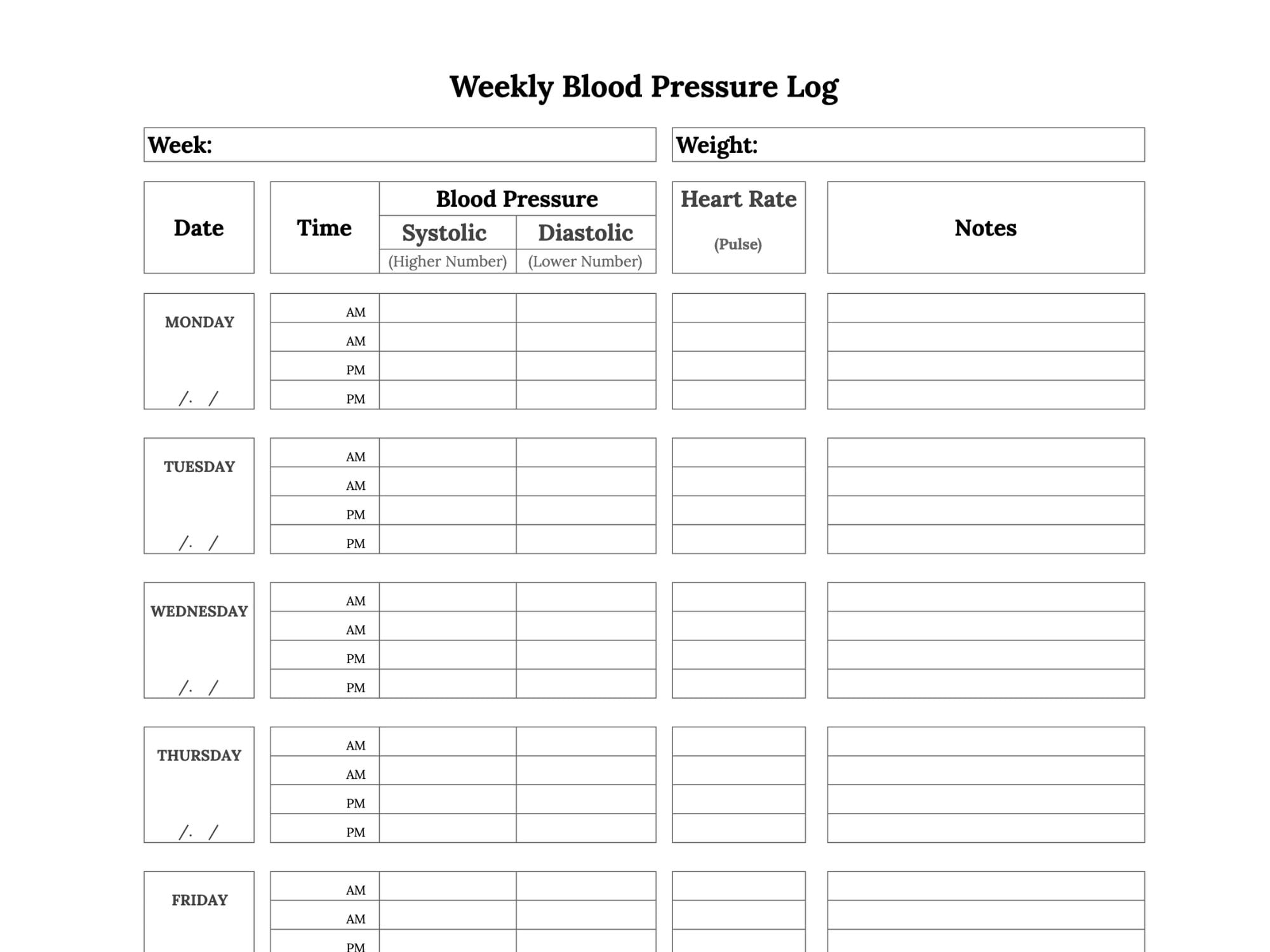 Printable Weekly Blood Pressure and Pulse Planner Page | Minimalist ...