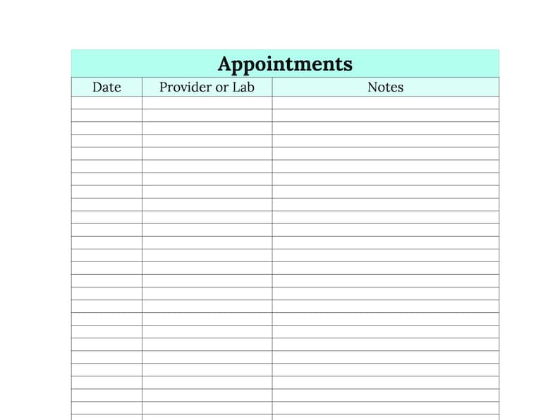 Printable Medical Appointments List Planner Page | Log | Doctor ...