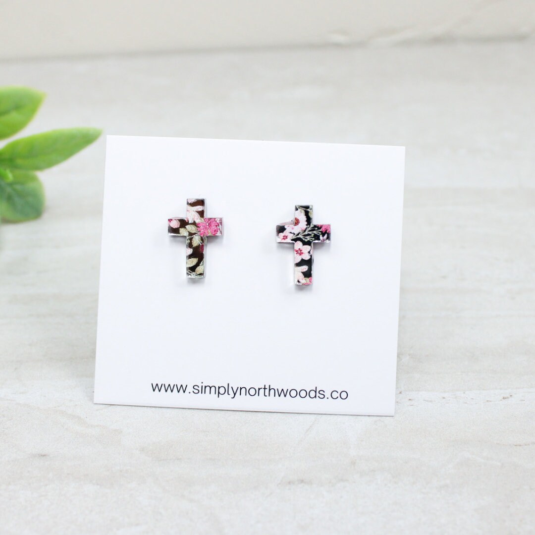 Pink Floral Cross Stud Earrings, Cross Acrylic Earrings, Religious ...